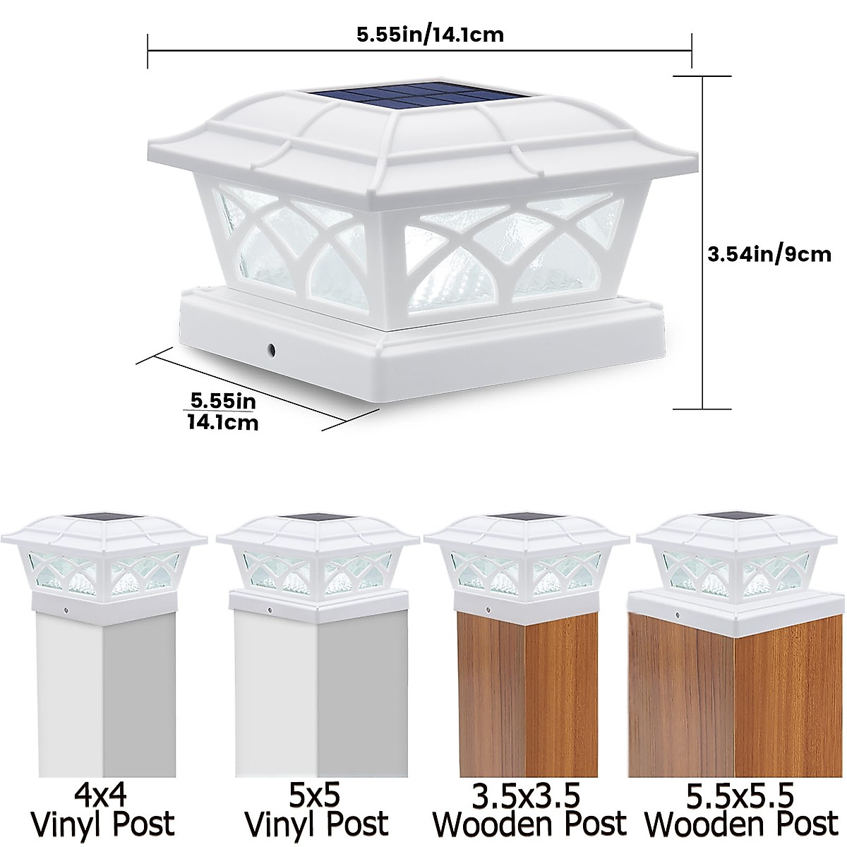SIEDiNLAR Solar Post Cap Lights Outdoor Glass 2 Modes 8 LEDs for 4x4 5x5 6x6 Posts Fence Deck Patio Decoration Warm White/Cool White Lighting White (2 Pack)