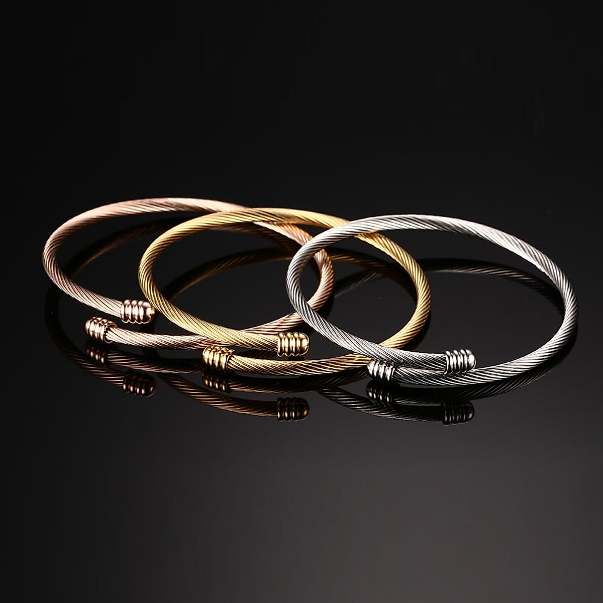 HUANIAN Stainless Steel Triple 3 Stackable Cable Wire Twisted Cuff Bangle Bracelet for Women, Gold/rose/silver