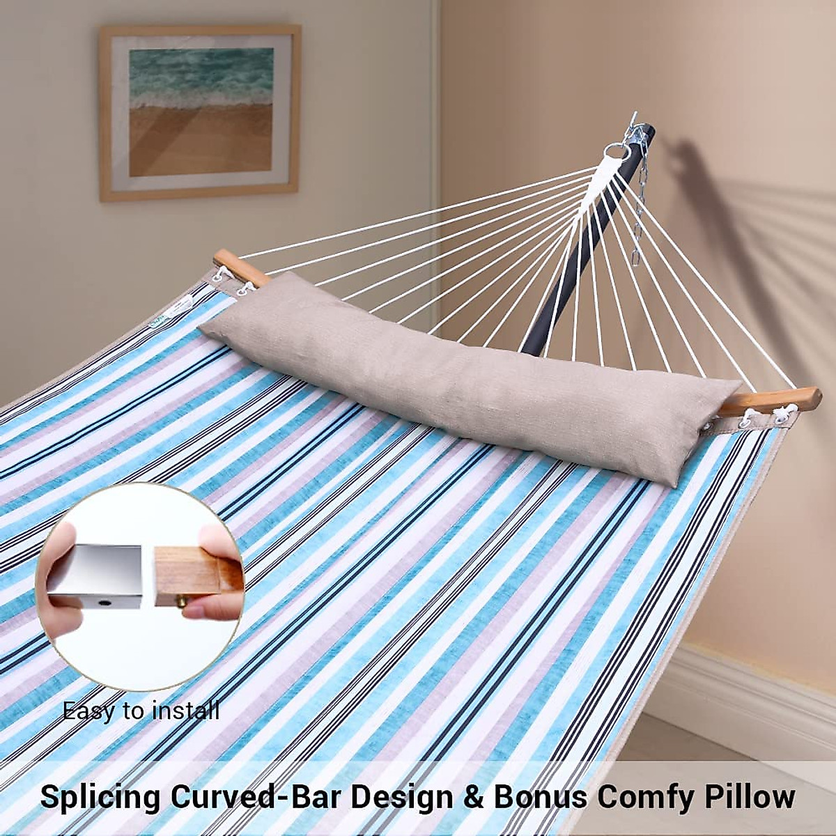 Double Hammock with Stand Included: Ohuhu 55x75 Inch 2 Person Hammock Quilted Fabric 12.3 FT Steel Stand, Portable Hammocks with Curved Bar Pillow Carrying Bags for Indoor Outdoor, 450 LB Capacity