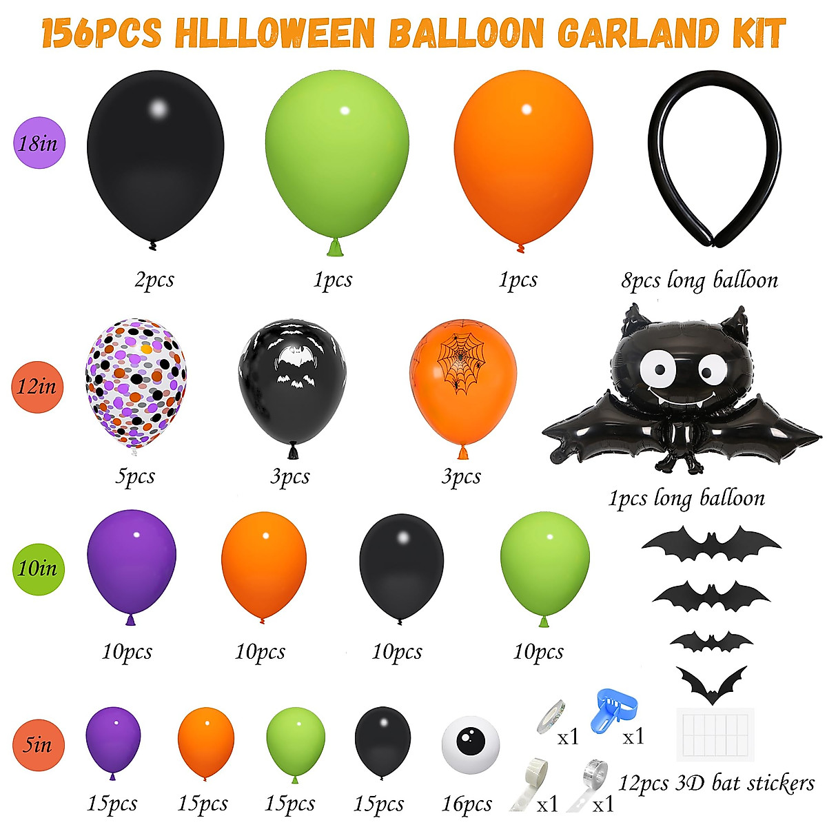 156Pcs Halloween Balloon Arch Garland Kit with Giant Spider Bat Balloon Black Orange Purple Green Confetti Long Halloween Balloons 3D Bat Eyeball for DIY Halloween Birthday Party Supplies Decorations