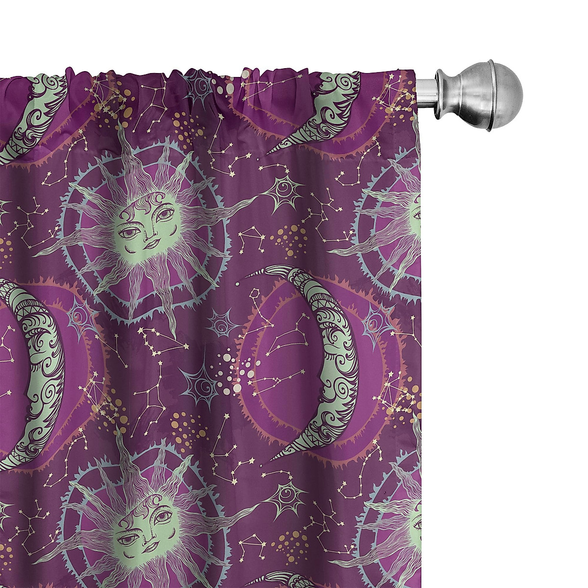 Lunarable Sun and Moon Window Curtains, Celestial Fantasy Composition with Constellations on Purple Backdrop, Lightweight Decor 2-Panel Set with Rod Pocket, Pair of - 28" x 63", Multicolor