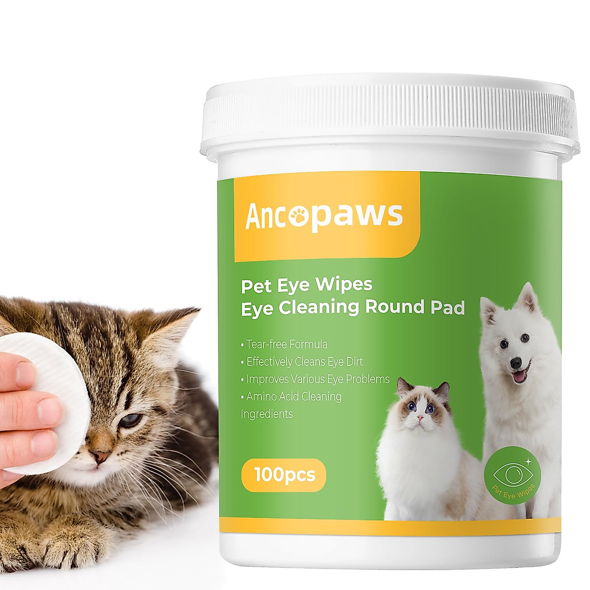 Ancopaws Eye Wipes for Dog & Cat - Tear Stain Remover for Pets - Dog Eye Wipes for Discharge and Crust - Eye Care Cleaning Pads for Reducing Dirt and Mucus Secretions - 100pcs