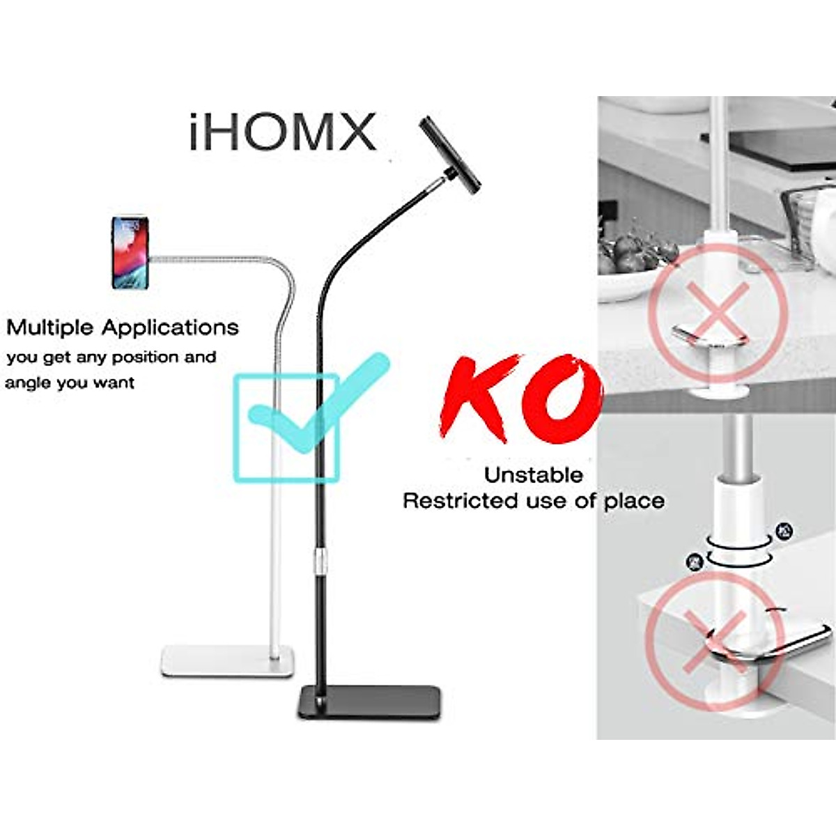 iHOMX Gooseneck Tablet Floor Stand, 360 Degree Rotating Long Arm & Vertical Adjustable Tablet Stand Holder for 4"-12.9" Device, Cell Phone,iPad,Nintendo,eBook Reader (Vertical-Black)