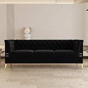 3 Seat Velvet Sofa Couch Modern Chesterfield Button Tufted Couches Comfy Contemporary Black Velvet Upholstered Sofas 83 Inch 3 Person Fashion with Metal Legs Couches for Living Room Office Furniture