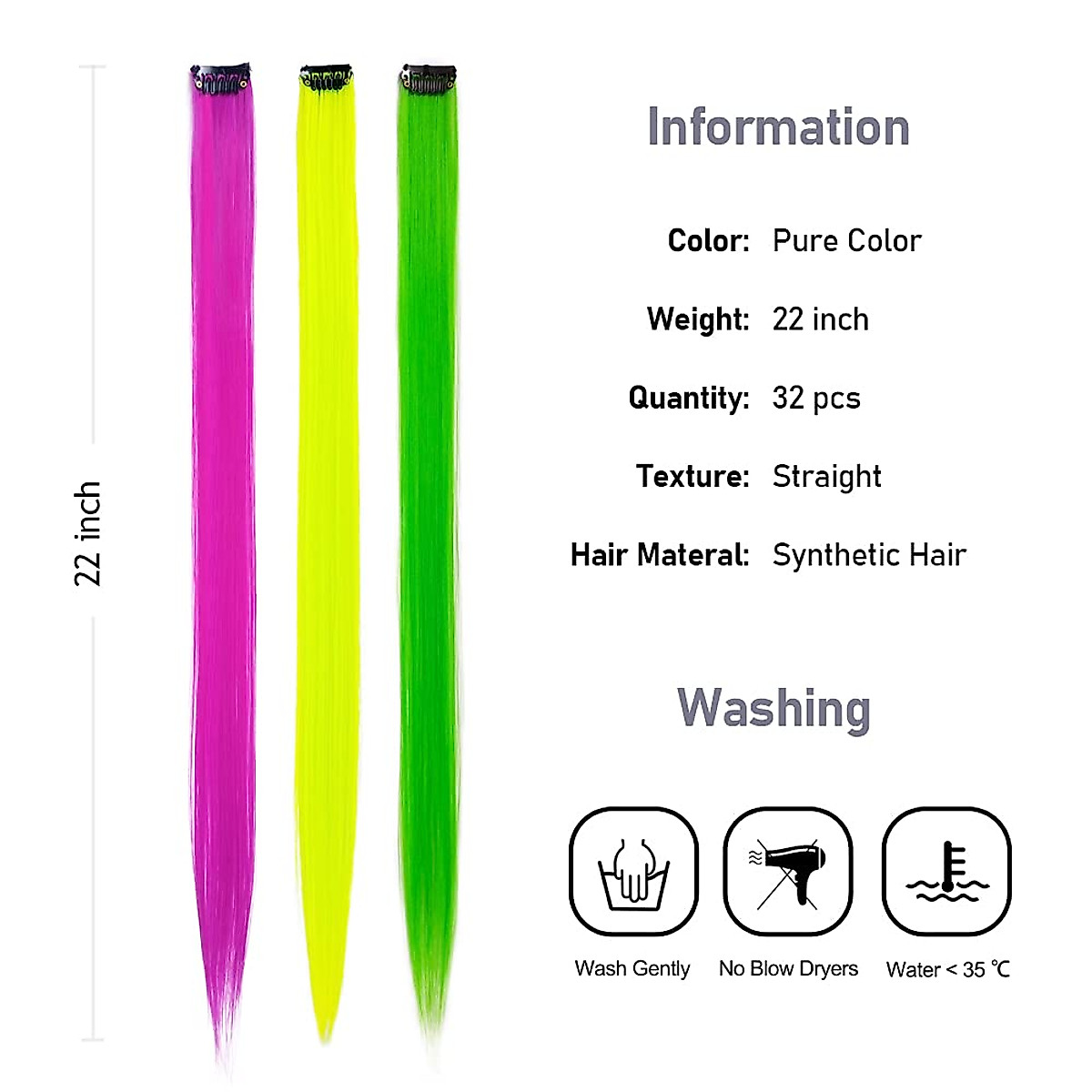 KGBFASS 32Packs Colored Hair Extensions 20Inch Straight Color Clip in on Hair Extension Rainbow Party Highlights Synthetic Hairpiece for Girls (16 colors)