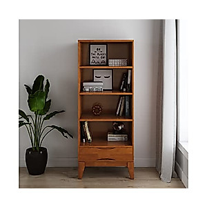 SIMPLIHOME Harper SOLID HARDWOOD 60 inch x 24 inch Mid Century Modern Bookcase with Storage in Teak Brown with 1 Drawer and 4 Shelves, for the Living Room, Study and Office
