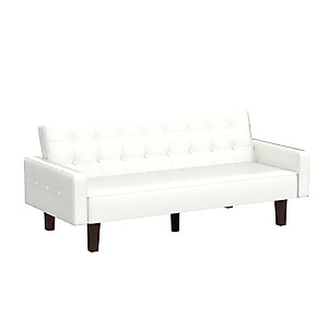 IULULU Futon Sofa Bed, Modern Convertible Faux Leather Sleeper Couch with Armrests for Studio, Office, Apartment, Compact Living, Game Room, Overnight Guests, White