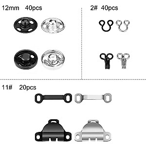 Beautychen 50 Pair Snaps for Sewing 3 Styles Hook and Eye Latch for Clothing Sewing Fixing Tools with Metal Sewing Buttons Fasteners Press Studs for Skirt Dress Bra Sewing DIY Crafting, 2 Colors (50)