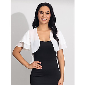 Unicra Chiffon Shrugs Bolero for Women Short Sleeves Open Front Sheer Cardigan Soft Bolero Jackets Top for Evening Dress White