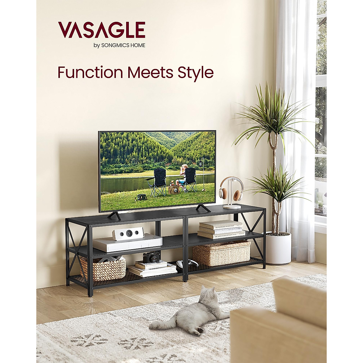VASAGLE TV Stand, TV Console for TVs Up to 70 Inches, TV Table, 63 Inches Width, TV Cabinet with Storage Shelves, Steel Frame, for Living Room, Bedroom, Black with Wood Grain ULTV095B22
