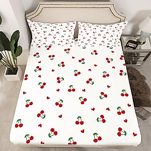 Feelyou Kids Red Cherry Fitted Sheet Twin Size, Cherry Pattern Bed Sheet Set Boys Girls Cute Fruit Bedding Set Kawaii Cartoon Fruit Teens Bed Cover Room Decor Lightweight Bed Set (No Flat Sheet)