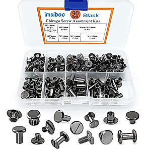 90 Sets Chicago Screws Assorted Kit, 6 Sizes of Round Flat Head Leather Rivets Metal Screw Studs for DIY Leather Craft and Bookbinding (M5 X 4, 5, 6, 8, 10, 12) (Black)