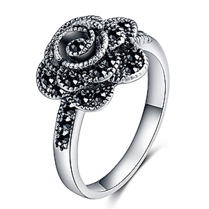 Shefashion Vintage Silver Rose Flower Rings Black Marcasite Jewelry Band Rings for Women Girls Size 9