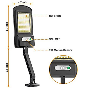 Solar Lights Outdoor, 168 LEDs Motion Sensor Solar Flood Light,Waterproof Solar Powered Security Light for Deck, Fence, Patio, Front Door, Gutter, Yard, Shed, Path [2 Pack]
