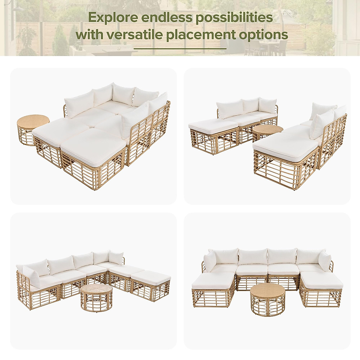 7 Pieces Outdoor Patio Furniture Sectional Sofa Set with Coffee Table, All-Weather Rattan Conversation Set with Thick Cushions and Pillows for Garden Backyard Balcony, Freely Combined (Beige-7S)