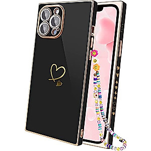 Newseego Square iPhone 12 Pro Max Case Women Girls Luxury Cute Plating Gold Love Heart Pattern Phone Case Soft TPU Full Camera Lens Protection Cover for iPhone 12 Pro Max with Cute Chain-Black