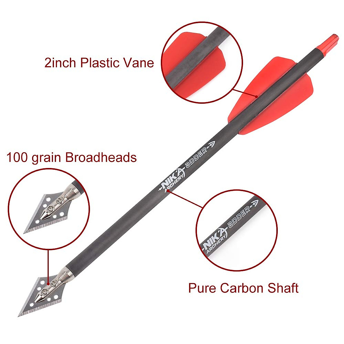 TY Archery 7.5" inch R9 Crossbow Bolts Carbon Arrows 2" Red Vanes with 100grain Broadhead for Hunting Shooting Targeting