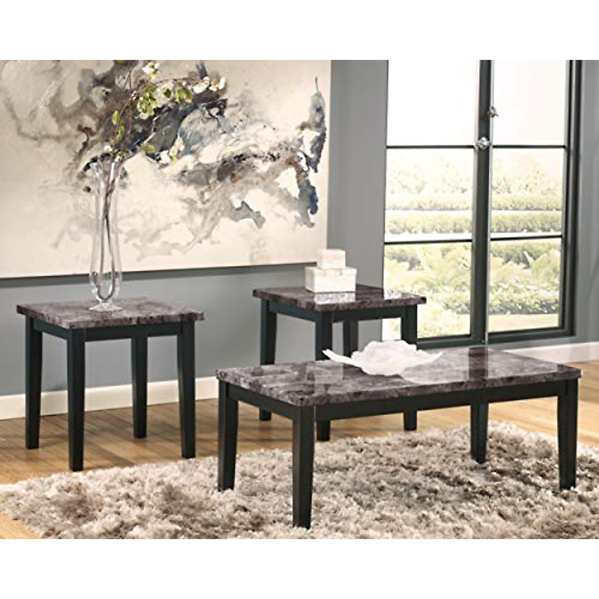 Signature Design by Ashley Maysville Faux Marble Top 3-Piece Table Set, Includes Coffee Table & 2 End Tables, Black