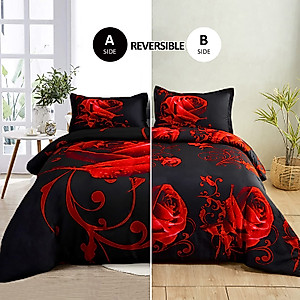 WONGS BEDDING Mother's Day Red Duvet Cover King, Reversible Red Rose Duvet Cover 3 Pieces with Zipper Closure-Ultra Soft Microfiber Bedding Set (1 Duvet Cover 90"x104"+2 Pillowcases)