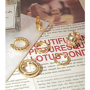 Gold Hoop Earrings Set 14k Real Gold Plated Huggie Earrings Hypoallergenic Chunky Twisted Thick Jewelry for Multiple Piercing for Women (gold hoop style01)