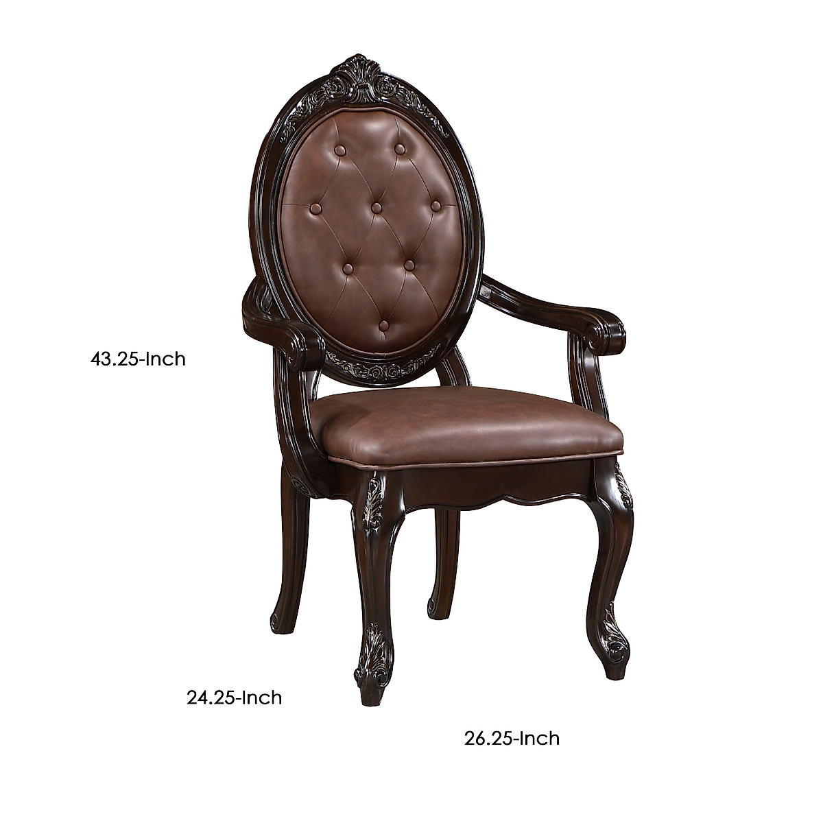 Benjara Cran 24 Inch Dining Armchair, Carved Details, Faux Leather Seat, Brown