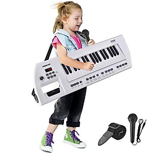 Pyle Portable Piano Keytar Electric Keyboard 37 Keys w/Microphone & Carry Strap, Sustain Controller, Rechargeable Battery - Digital Karaoke Keyboard - Compact Musical Piano White - PKBRD37WT