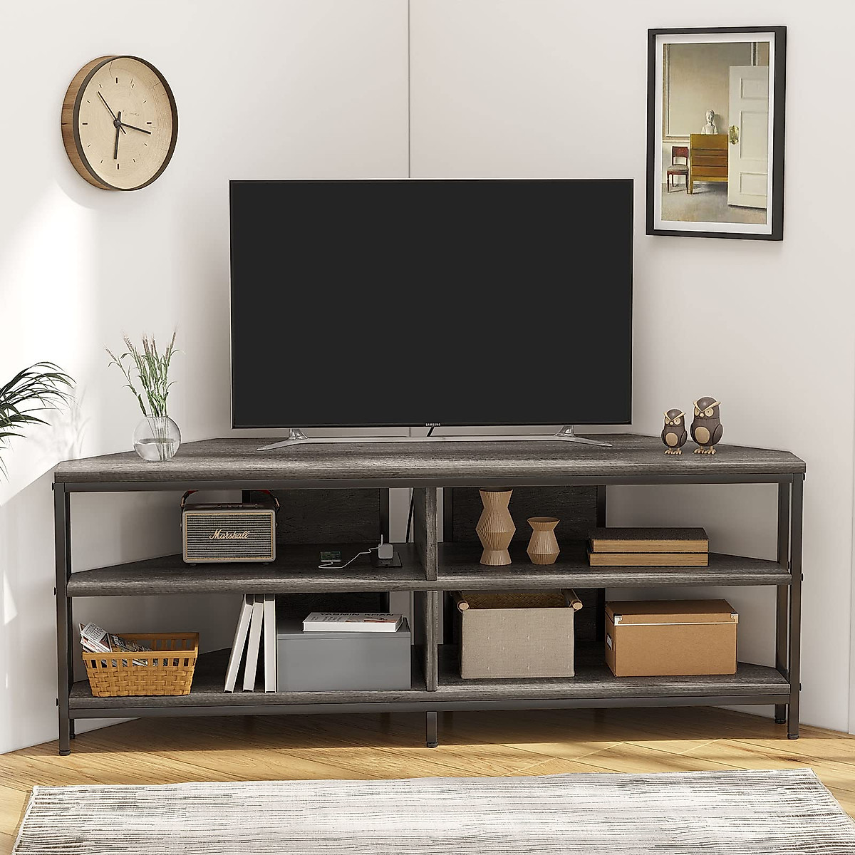 MUTUN Corner TV Stand with Power Outlet, Corner TV Stand for 32 43 50 55 60 Inch TV, Corner Entertainment Center, Industrial TV Console Table for Living Room Bedroom, 55 Inch, Grey Oak