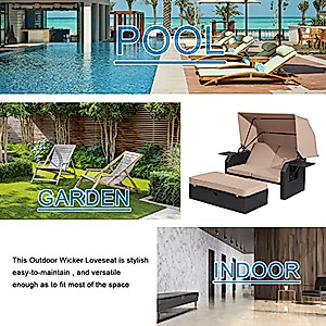 B BAIJIAWEI Outdoor Wicker Loveseat - Patio Furniture Set with Retractable Canopy, Adjustable Back, Side Table, Ottoman, Cushion - PE Rattan Sofa Set for Garden Poolside Backyard Lawn Porch