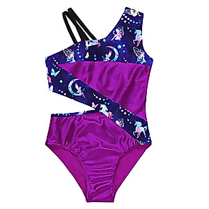 TiaoBug Kids Girls Ballet Dance Gymnastics Leotard Shiny Metallic Unitard One Piece Bodysuit Dance Wear Purple 8 Years