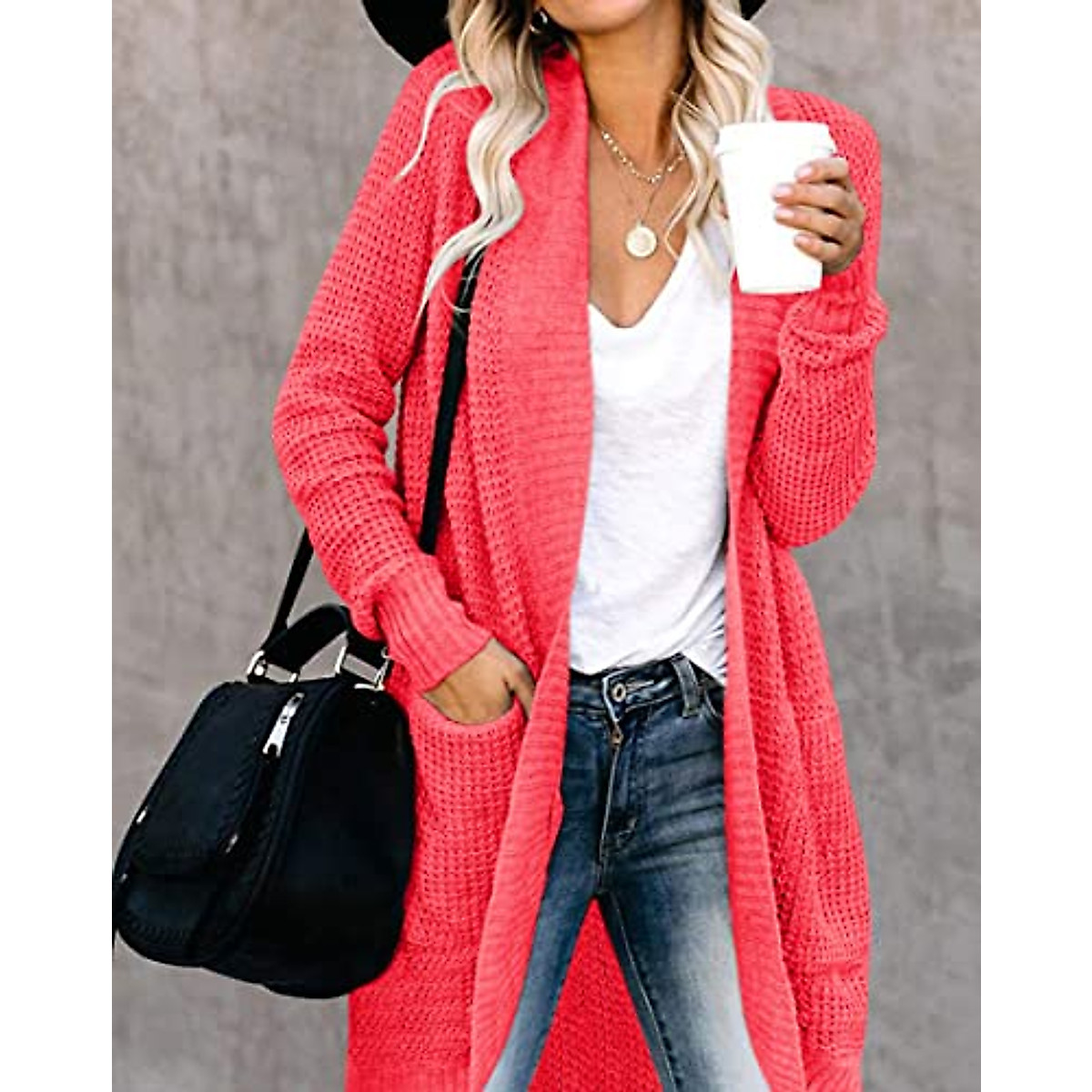 ZESICA Women's 2023 Fall Long Sleeve Open Front Cardigans Casual Lightweight Soft Chunky Knit Draped Sweaters Outerwears,Watermelon,Medium
