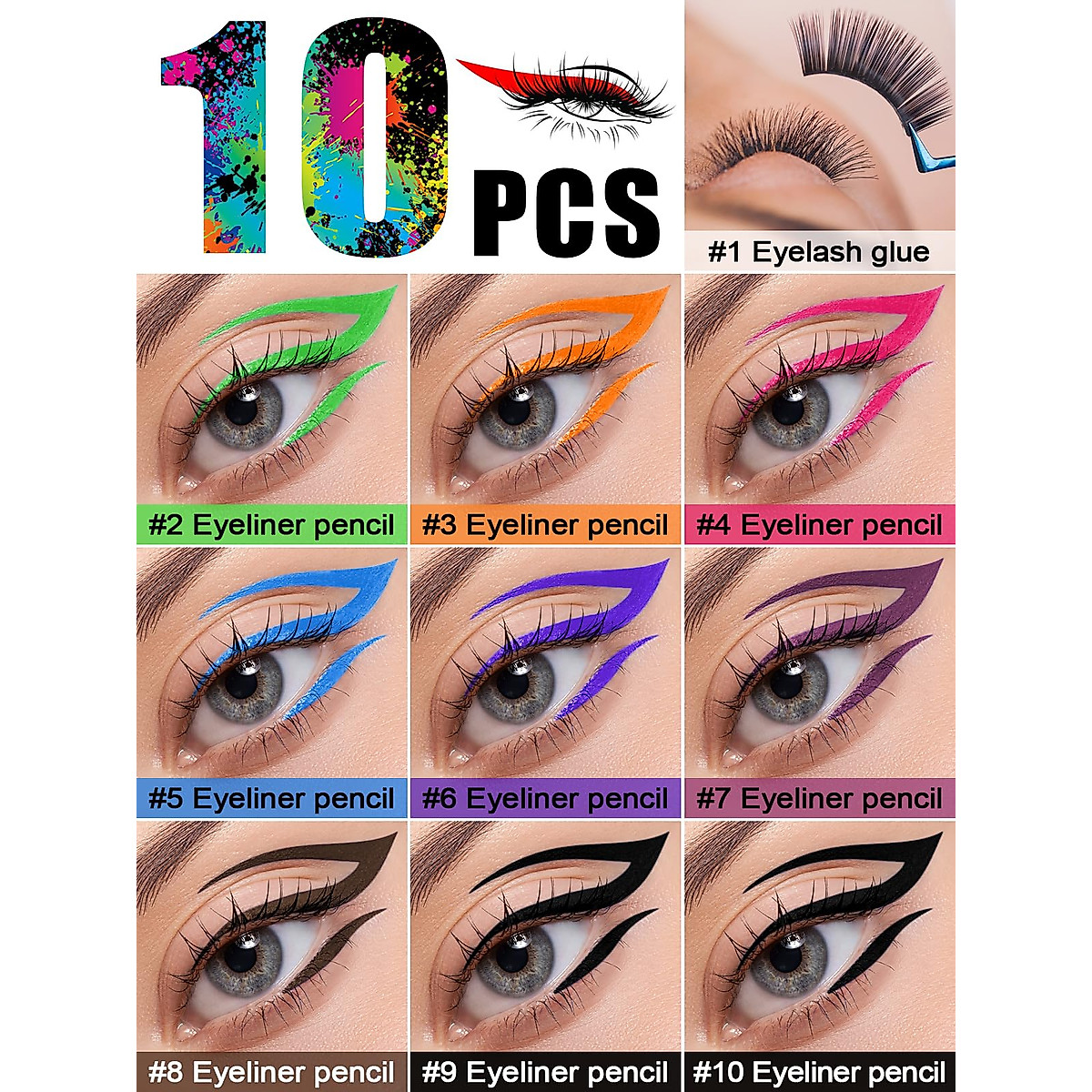 EBANKU 9 PCS UV Glow Neon Matte Liquid Eyeliner Set with 1 PCS Lash Glue Colorful Long Lasting Eyeliner Pencil Halloween Christmas Eyes Makeup Kit