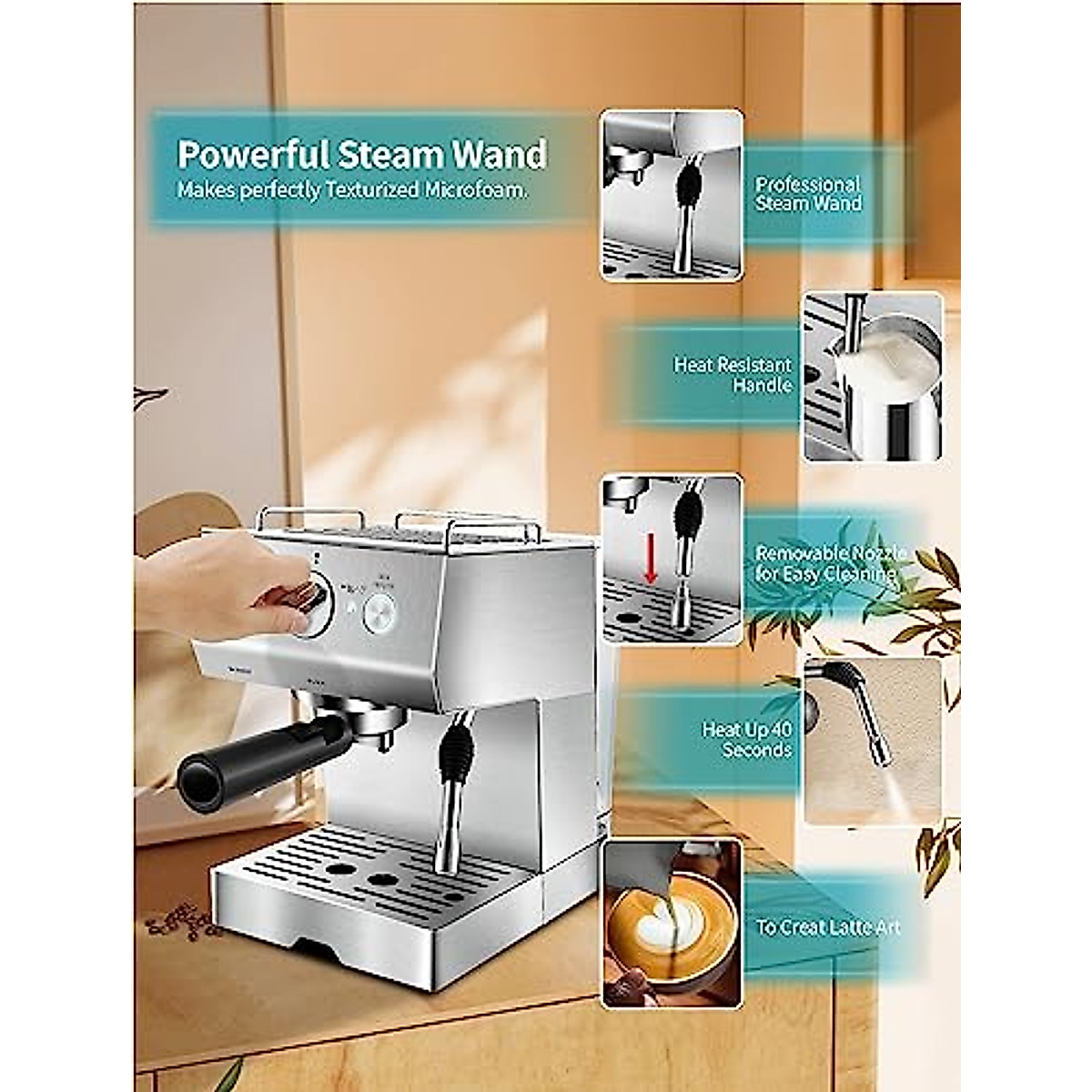 Espresso Machine, Stainless Steel Espresso Machine with Milk Frother for Latte, Cappuccino, Machiato,for Home Espresso Maker, 1.8L Water Tank, Semi Automatic Espresso Machines 20 Bar