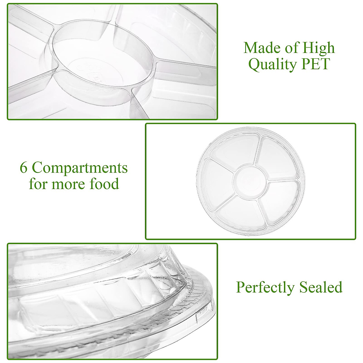 Lawei 30 Pack 12.5 Inch Plastic Appetizer Tray with Lid, 6 Sectional Round Plastic Serving Tray, PET Food Serving Dip Platter, Disposable Fruit Vegetable Trays Storage Containers for Party Buffet