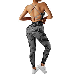 OMKAGI Women Ribbed Workout Sets Seamless Strappy Sport Bra Butt Lifting Leggings Outfits(S,04-Black Tie Dye)