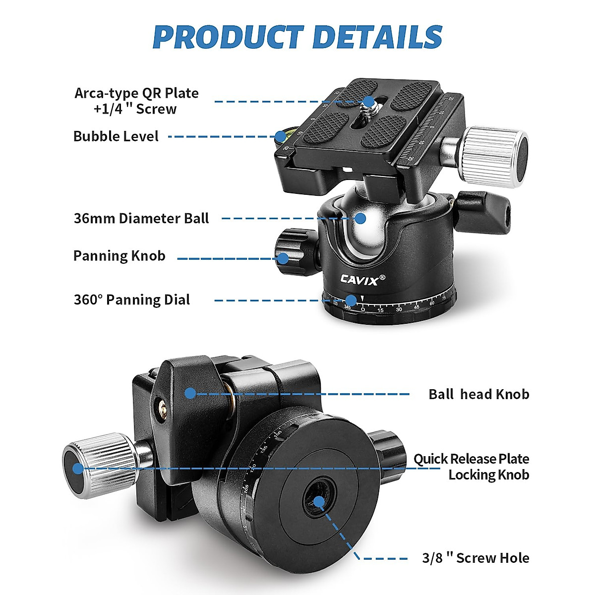 Ball Head Mount, CAVIX 36mm Ball Head Camera Tripod Head with 1/4“ Arca Swiss Quick Release Plate for Tripod, Monopod, DSLR, Camera,Load 33lb/15kg