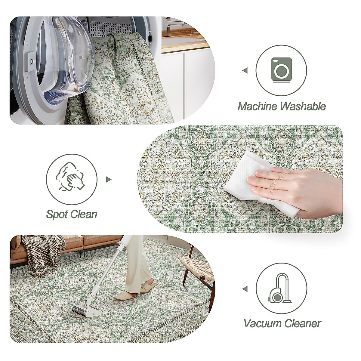 Soalmost 8x10 Area Rugs, Washable Rugs, Large Stain Resistant Area Rug for Living Room Bedroom Dining Room, Vintage Farmhouse Rug Green