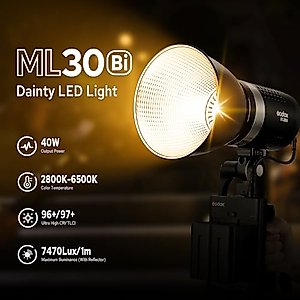 Godox ML30Bi Handheld Bi-Color LED Video Light, Portable Studio LED Continuous Light 2800K-6500K, 41000 lumens CRI 96+ TLCI 97+, 21 FX Effects, APP Control, Silent Mode, Compatible with Godox Mount