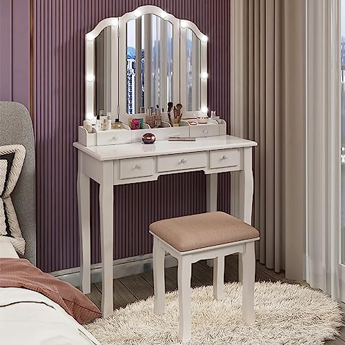 Longtesun Makeup Vanity Set Teen Vantity Set White Vanity Desk with Mirror and Lights Vanity Table with Lights Makeup Vanity with Lights Vanity Mirror with Lights Desk and Chair Makeup Vanity Table