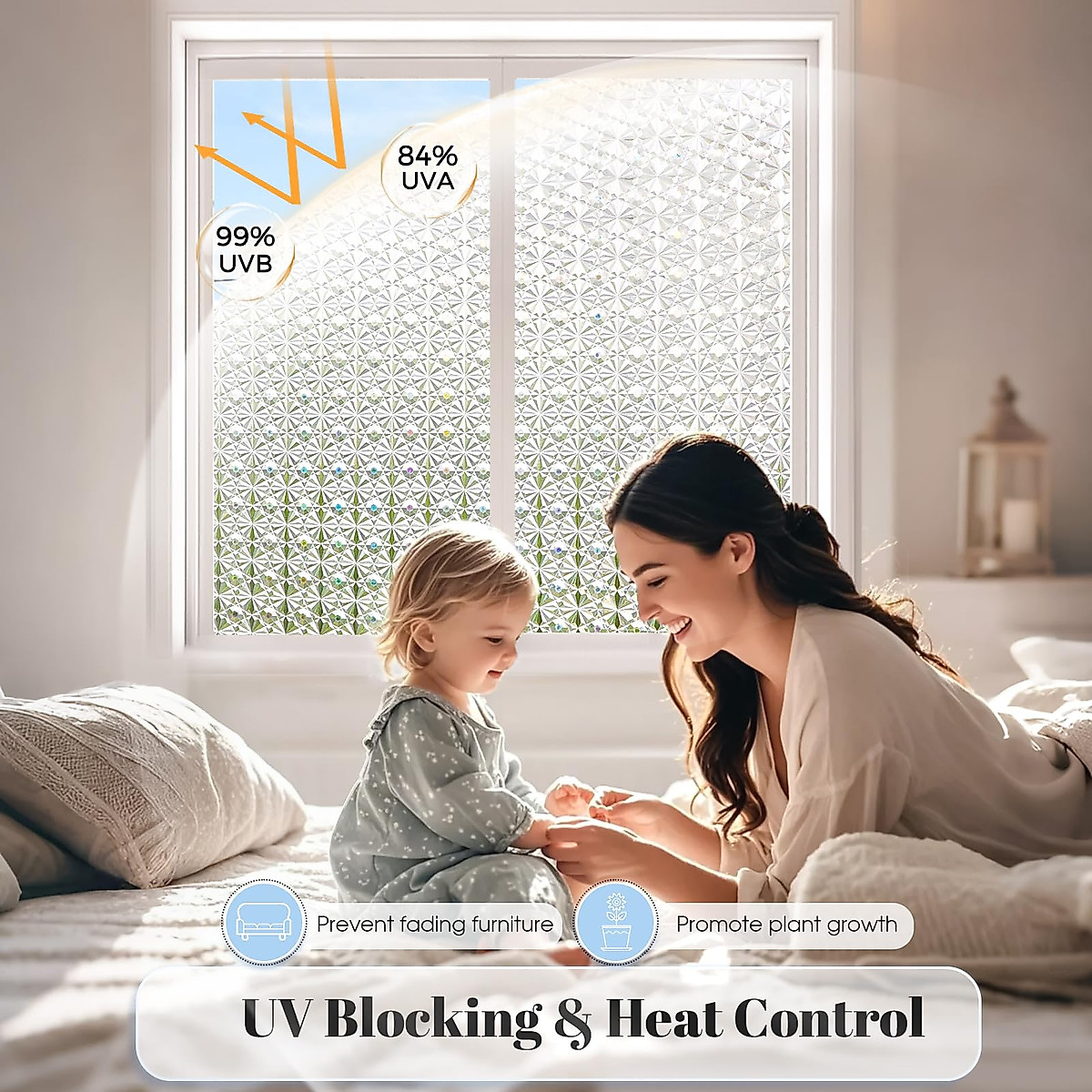 Windimiley Window Privacy Film, Stained Glass Window Film Heat Control UV, Frosted Rainbow Bathroom Decorative Film Diamond 3D Static Clings, Peel and Stick Window Tint for Home (Pure,17.5x78.7inch)