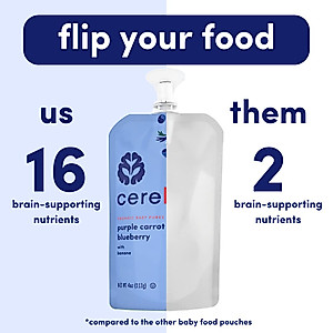 Cerebelly Baby Food Pouches Stage 1 – Purple Carrot Blueberry Smoothie (Pack of 6), Organic Fruit & Veggie Purees, Great Toddler Snacks, 16 Brain-supporting Nutrients from Superfoods, No Added Sugar