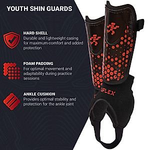 Uflex Athletics Slip and Slide Shin Guards for Kids and Teens - Protective Soccer Gear for Boys and Girls with Padded Ankle Support - Non Slip Adjustable Straps (X-Small)