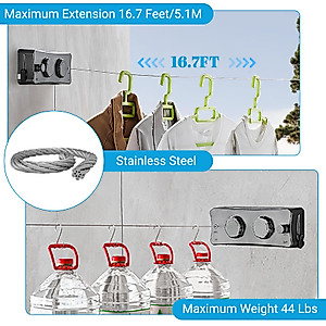 Retractable Clothesline Indoor Outdoor, Clothes Line Retracting, Double Retractable Clothes Lines, Wall Mounted Clothes Drying Line, Non-Sagging Stainless Steel Linefor Hanging Clothes with 16.7ft