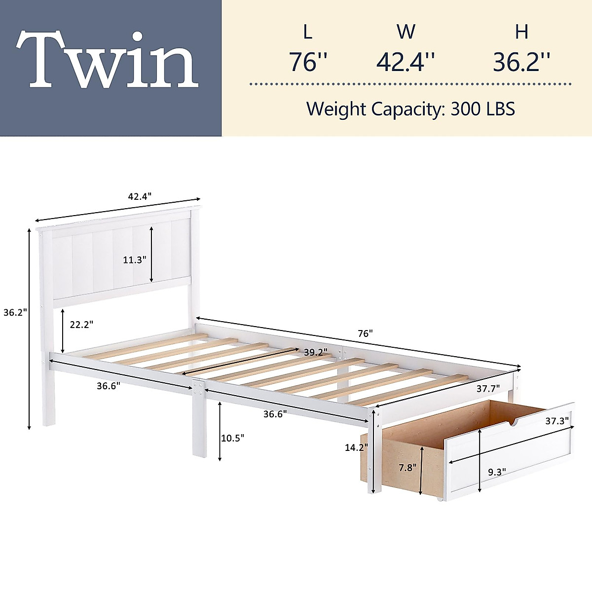 Twin Size Country Wooden Platform Bed Frames with Large Storage Drawers/Headboard, Modern Simple Platform Bed with Solid Wood Slat for Bedroom Small Living Space Boys Girls, Under Bed Storage, White