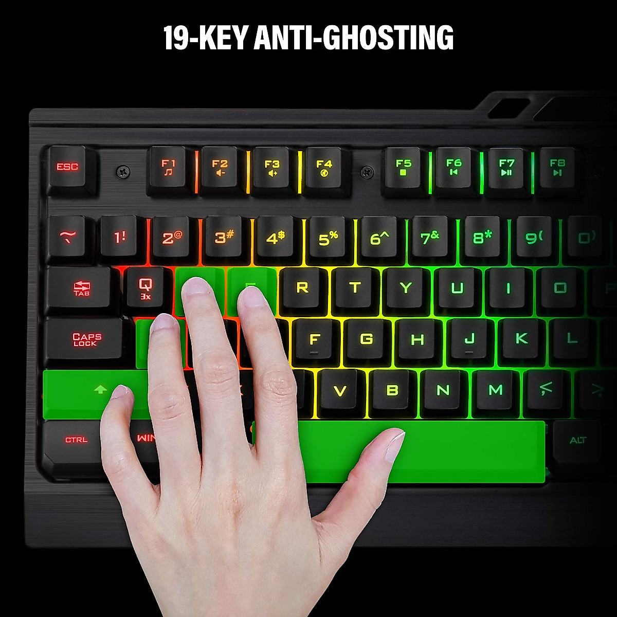 Rosewill NEON K54 Wired Membrane Gaming Keyboard, 9 RGB LED Backlight Effects, 104 Keys, 19-Key Anti-Ghosting, WASD and Arrow Keys Exchange, 8 Multimedia Hotkeys, Slim Profile Floating Keycaps