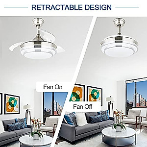 Dawn Whisper 42" Modern Retractable Ceiling Fan with Dimmable LED Light and Remote Control for Living Room Bedroom Restaurant, Silver Brushed Nickel