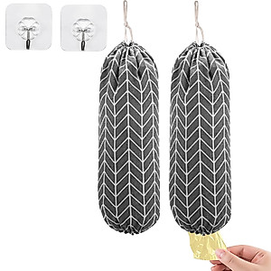 Plastic Bag Holder, Large Grocery Bags Holder, Wall Mount Garbage Plastic Bag Organizer, Shopping Bag Storage Dispenser Trash Bag Holder ​for Home Kitchen Travelling Drawstring Washable, 2 Pack (Gray)