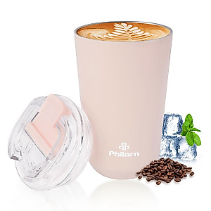 PHILORN Pink Coffee Tumbler - 12 OZ Insulated Coffee Mug With Lid, Leak Proof Thermo Cup for Hot and Iced Drinks, Stainless Steel Vacuum Pink Cup with Double Wall…
