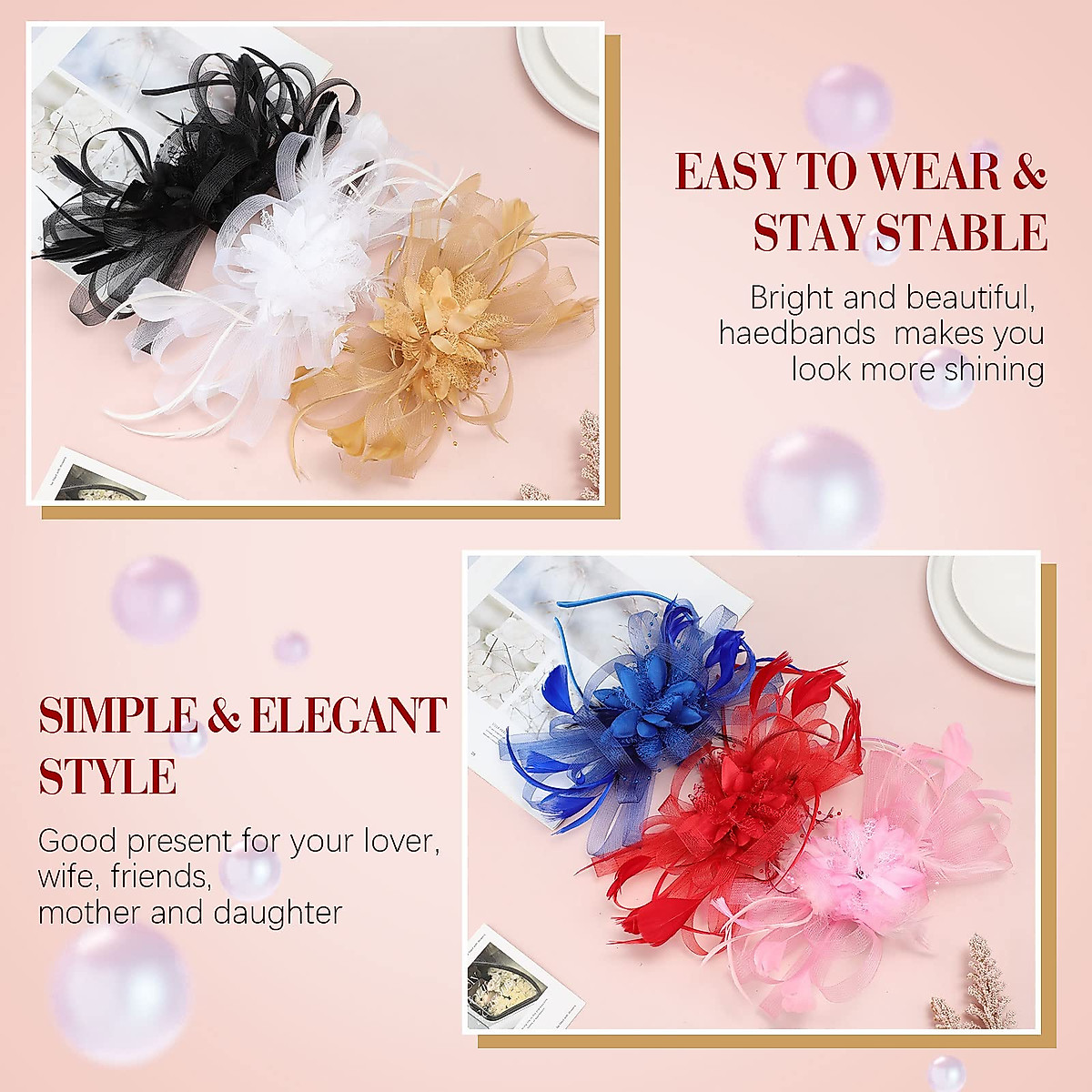 Geosar 6 Pcs Fascinator Hats for Women Feather Net Veil Tea Party Hats Flower Cocktail Mesh Carnival Headpieces for Women