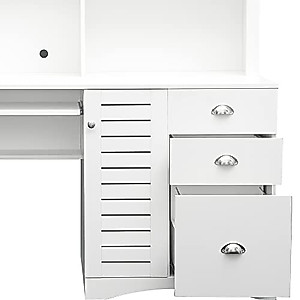Ucloveria Computer Desk with Hutch,Home Office Wood Executive Desk with Drawers,Open Shelf,Writing Laptop Table with Keyboard Tray,File Cabinet Computer Desk for Bedroom,White
