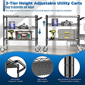 Leteuke 3 Tier Rolling Carts with Wheels,990Lbs Heavy Duty Rolling Utility Cart,NSF Commercial Grade Metal Cart with Handle&Shelf Liner,Trolley Serving Cart for Kitchen,Restaurant,Plant Display,Black